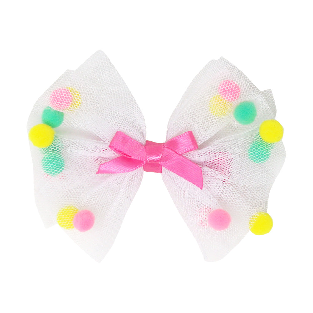 Mesh Bow with Pom Pom Hariclip – Pink Poppy B2C USA